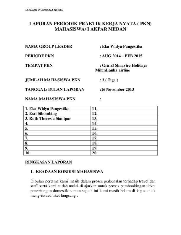 (DOC) AKADEMI PARIWISATA MEDAN LAPORAN PERIODIK PRAKTIK KERJA NYATA ...