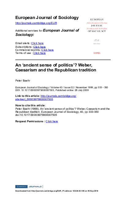 (PDF) An ‘ancient sense of politics’? Weber, Caesarism and the ...