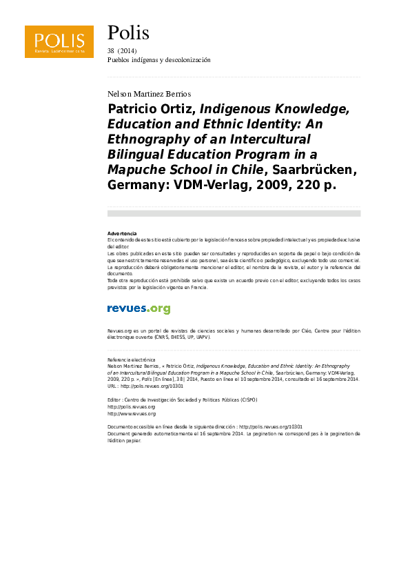 (PDF) Reseña de mil libro (Sept 16, 2014): Patricio Ortiz, Indigenous ...