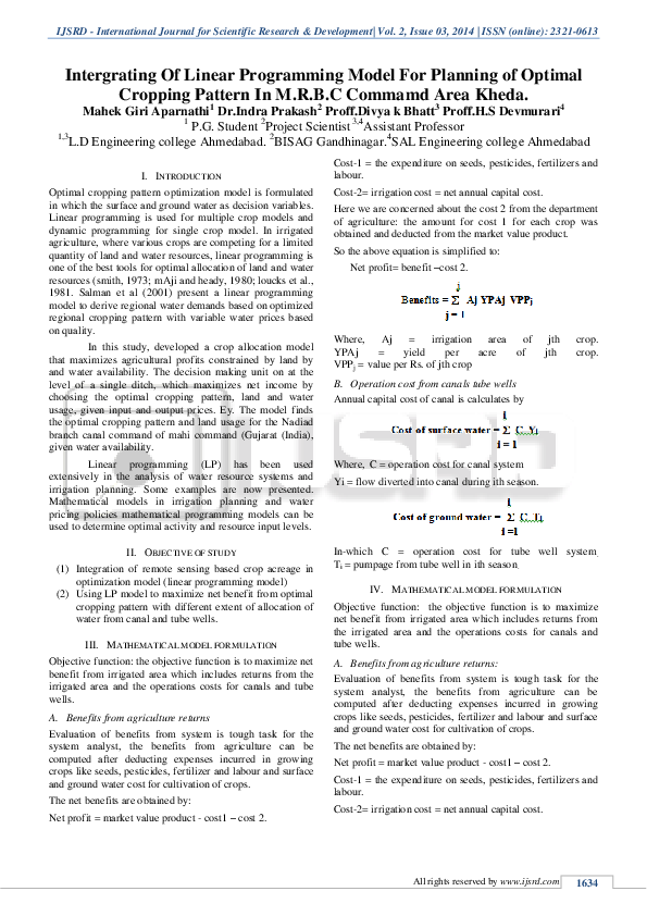 Pdf Intergrating Of Linear Programming Model For Planning Of Optimal Cropping Pattern In