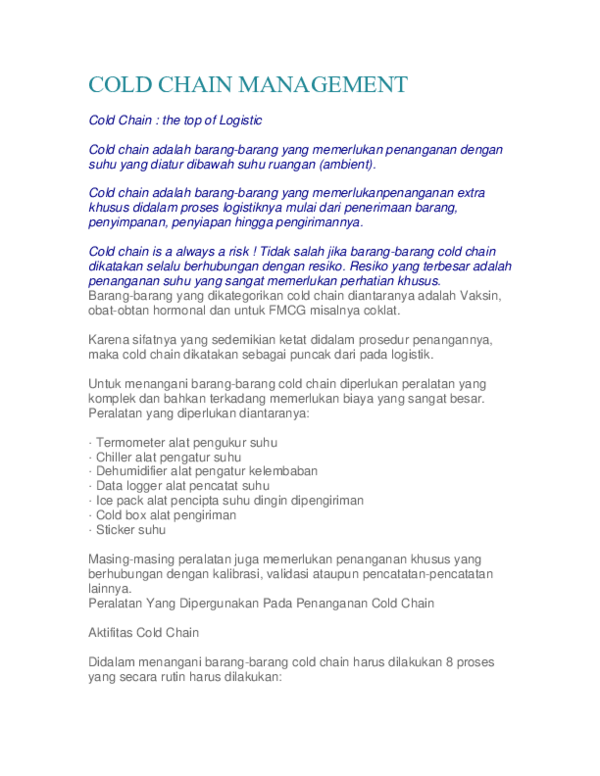 (DOC) COLD CHAIN MANAGEMENT Cold Chain : the top of Logistic