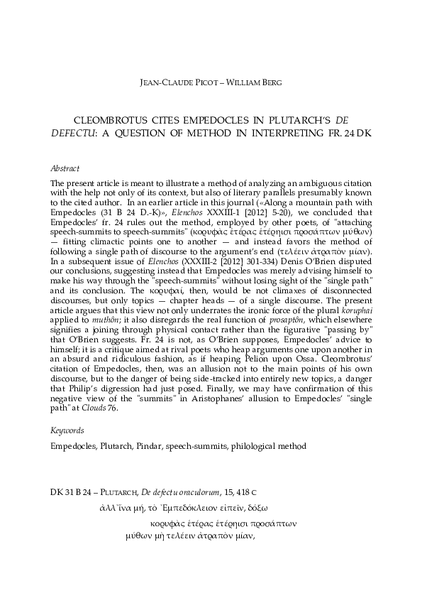 Cleombrotus cites Empedocles in Plutarch’s De defectu: a question of ...