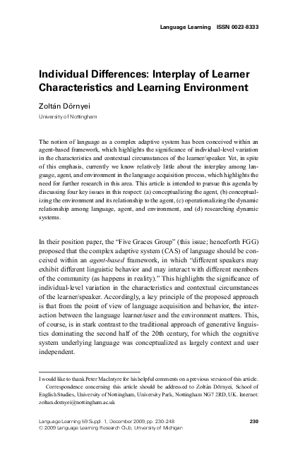(PDF) Individual Differences: Interplay of Learner Characteristics and ...
