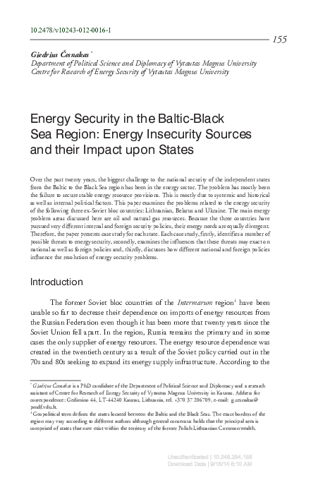 (PDF) Energy Security in the Baltic-Black Sea Region: Energy Insecurity ...