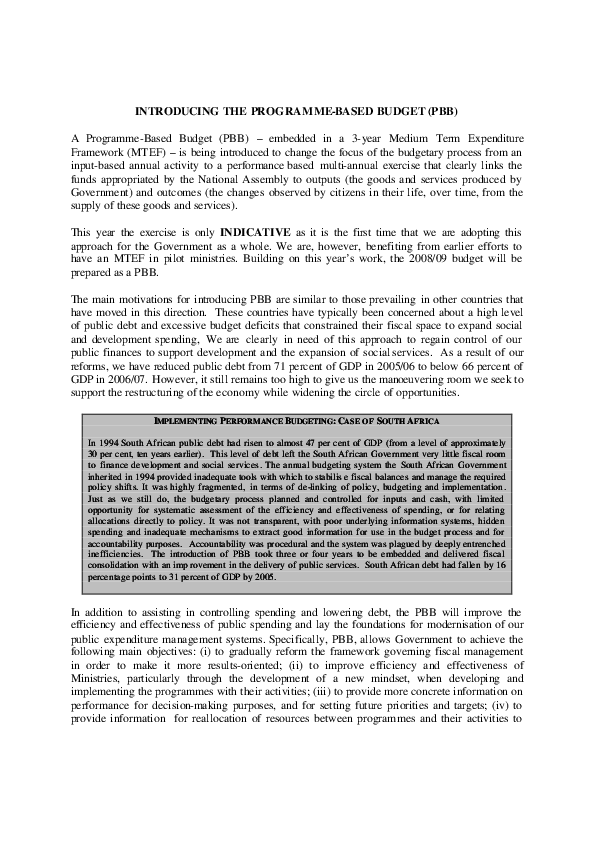 (PDF) INTRODUCING THE PROGRAMME-BASED BUDGET (PBB