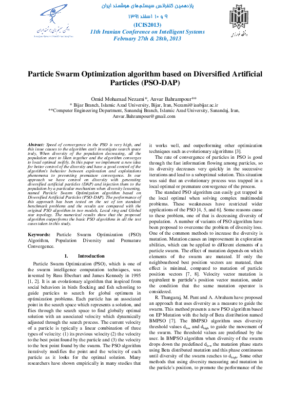 (PDF) Particle Swarm Optimization algorithm based on Diversified ...