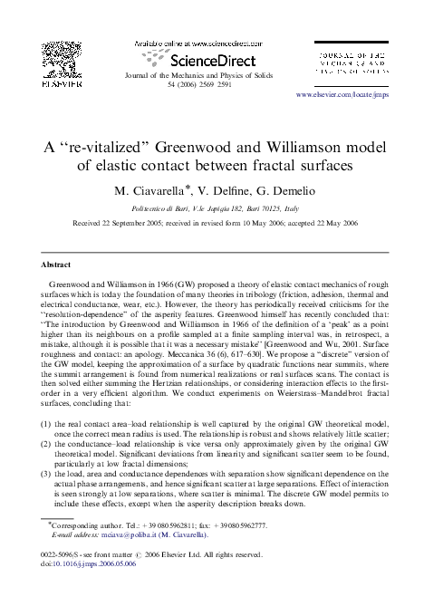 (PDF) A “re-vitalized” Greenwood and Williamson model of elastic contact between fractal surfaces