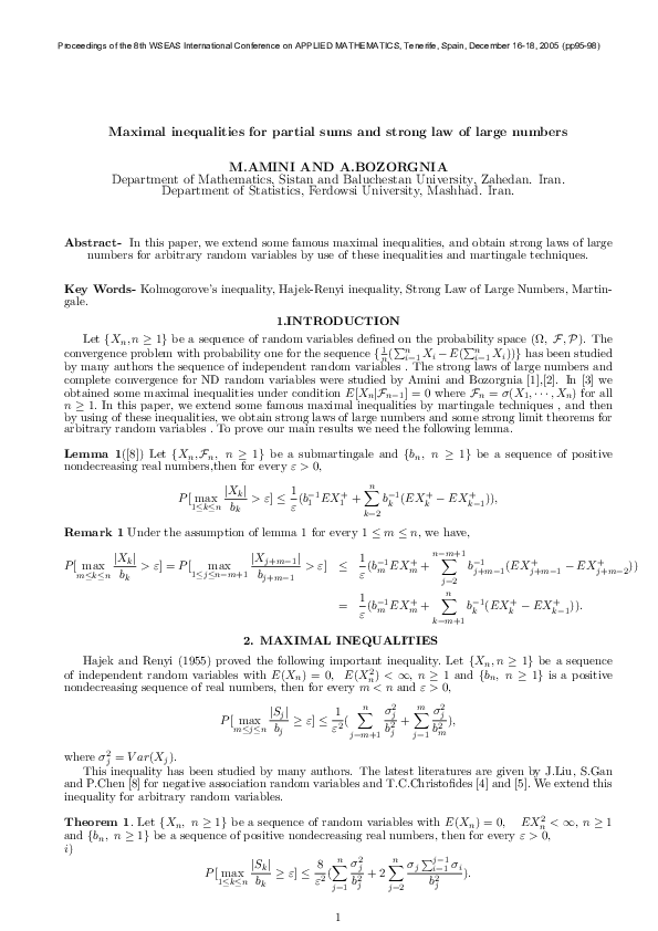 (PDF) Maximal inequalities for partial sums and strong law of large numbers