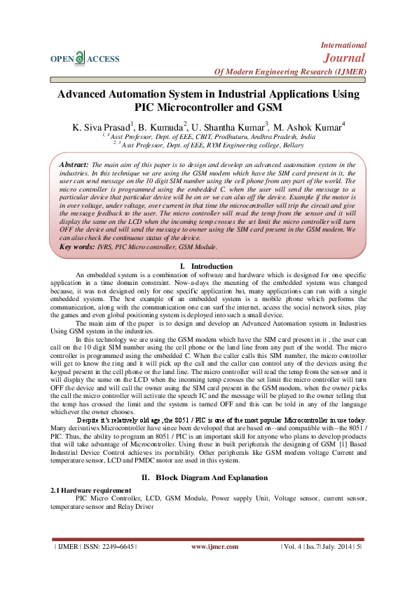 (PDF) Advanced Automation System in Industrial Applications Using PIC Microcontroller and GSM