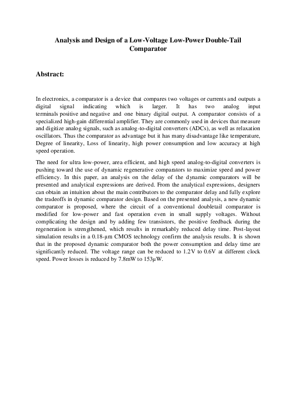 Pdf Analysis And Design Of A Low Voltage Low Power Double Tail Comparator
