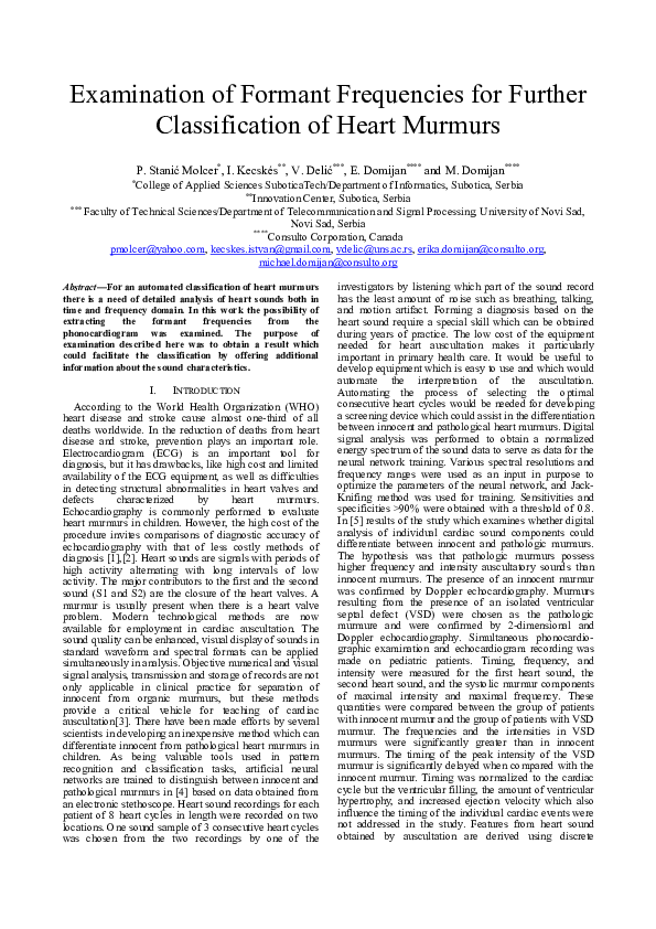 (PDF) Examination of formant frequencies for further classification of heart murmurs