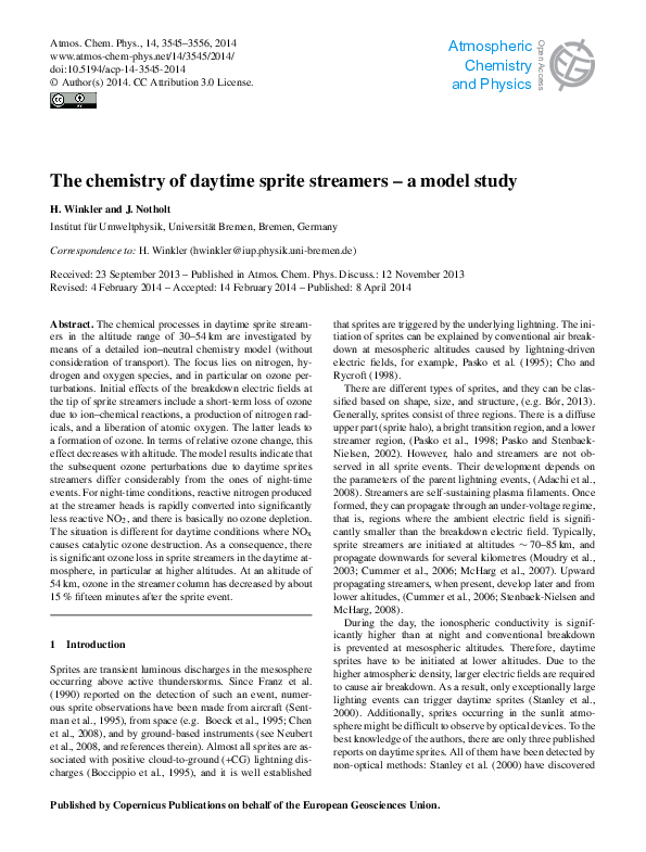 (PDF) The chemistry of daytime sprite streamers – a model study