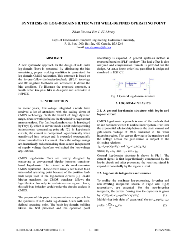 (PDF) Synthesis of log-domain filter with well-defined operating point