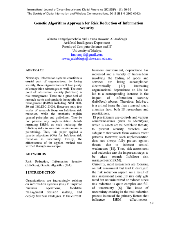(PDF) GENETIC ALGORITHM APPROACH FOR RISK REDUCTION OF INFORMATION SECURITY (PDF) GENETIC ALGORITHM APPROACH FOR RISK REDUCTION OF INFORMATION SECURITY