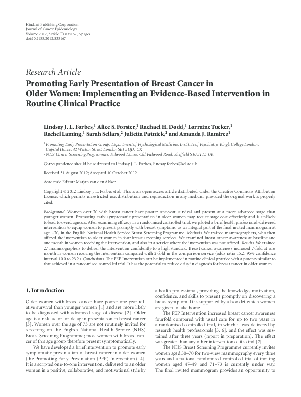 (PDF) Promoting Early Presentation of Breast Cancer in OlderWomen ...
