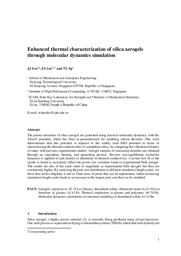 (PDF) Enhanced thermal characterization of silica aerogels through molecular dynamics simulation