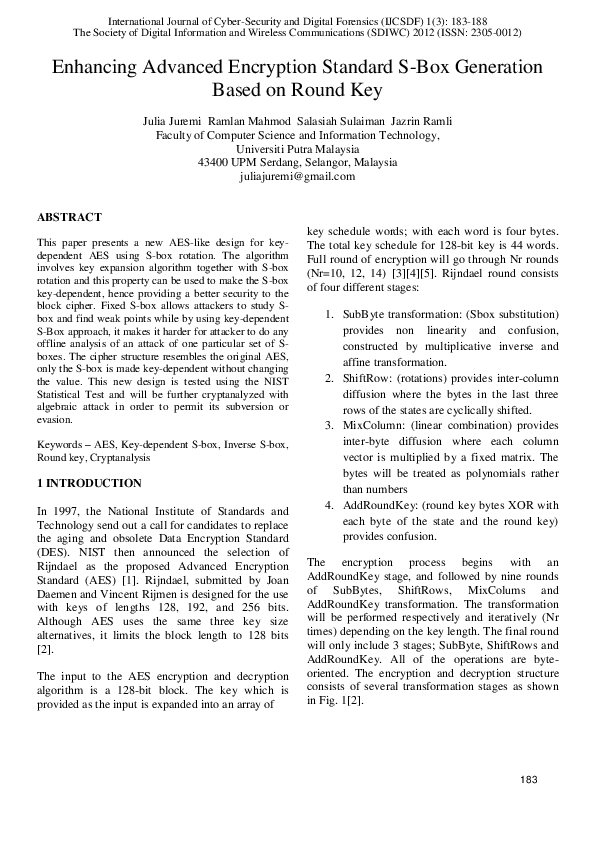 (PDF) ENHANCING ADVANCED ENCRYPTION STANDARD S-BOX GENERATION BASED ON ROUND KEY
