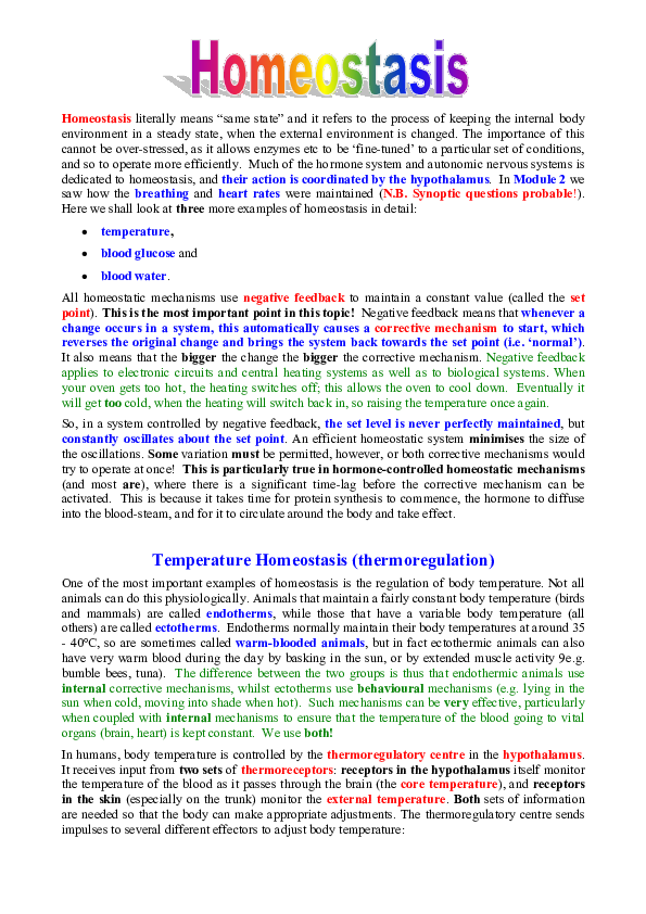 (PDF) Homeostasis literally means “same state” and it refers to the ...