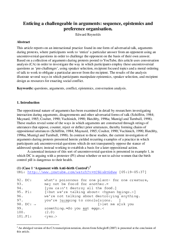 (PDF) Enticing a challengeable in arguments: sequence, epistemics and ...