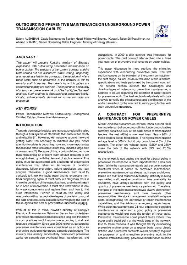 (PDF) OUTSOURCING PREVENTIVE MAINTENANCE ON UNDERGROUND POWER ...