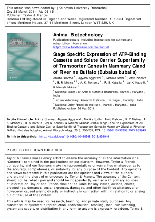 Expression Patterns Of Transporter Genes In Buffalo Mammary Gland