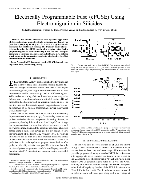 (PDF) Electrically Programmable Fuse (eFUSE) Using Electromigration in Silicides