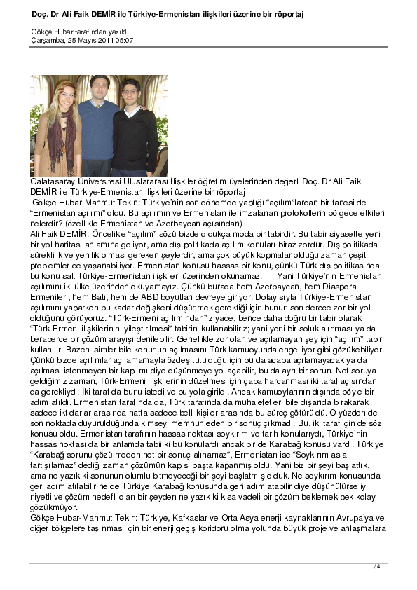 (PDF) (2011) Türkiye-Ermenistan ilişkileri üzerine röportaj (Ali Faik ...