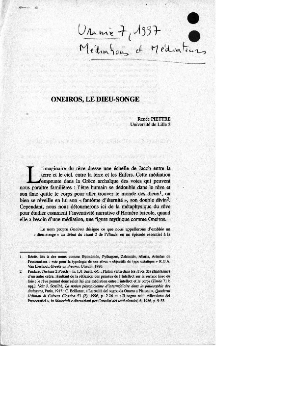 (PDF) Oneiros, le dieu-songe (Homère, Iliade II) / Oneiros the dream-god