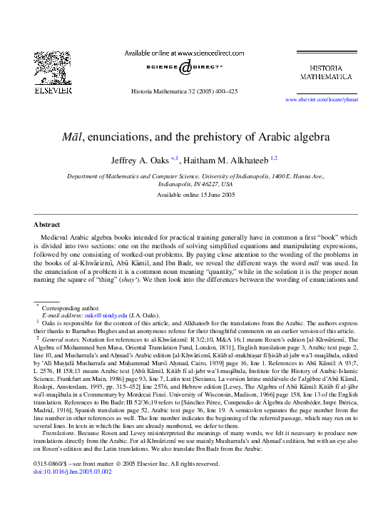 (PDF) Mal, enunciations, and the prehistory of Arabic algebra