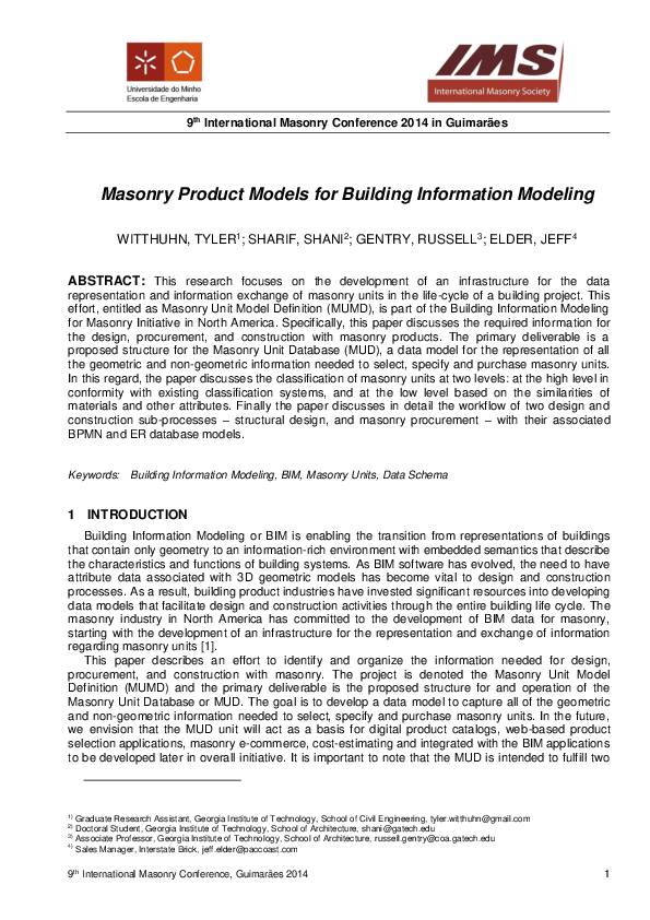 Masonry Product Models for Building Information Modeling