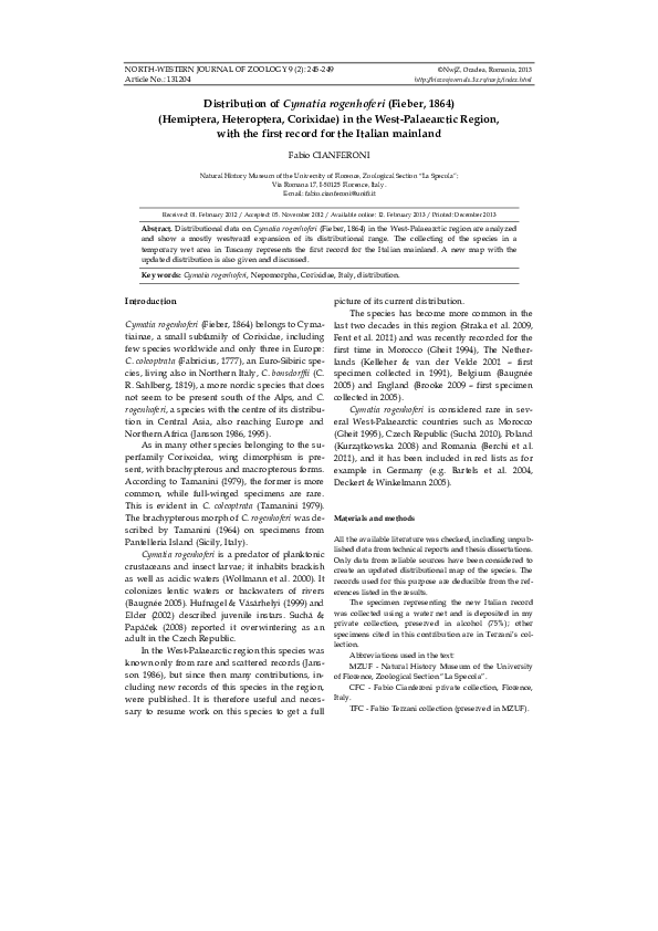 (PDF) Distribution of Cymatia rogenhoferi (Fieber, 1864) (Hemiptera ...