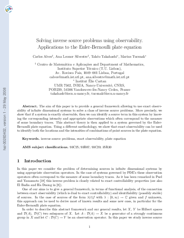 (PDF) Solving Inverse Source Problems Using Observability. Applications to the Euler--Bernoulli ...