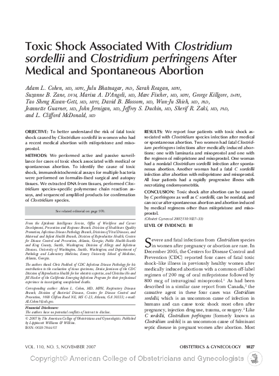 Toxic Shock Associated With Clostridium Sordellii And Clostridium Perfringens After Medical And
