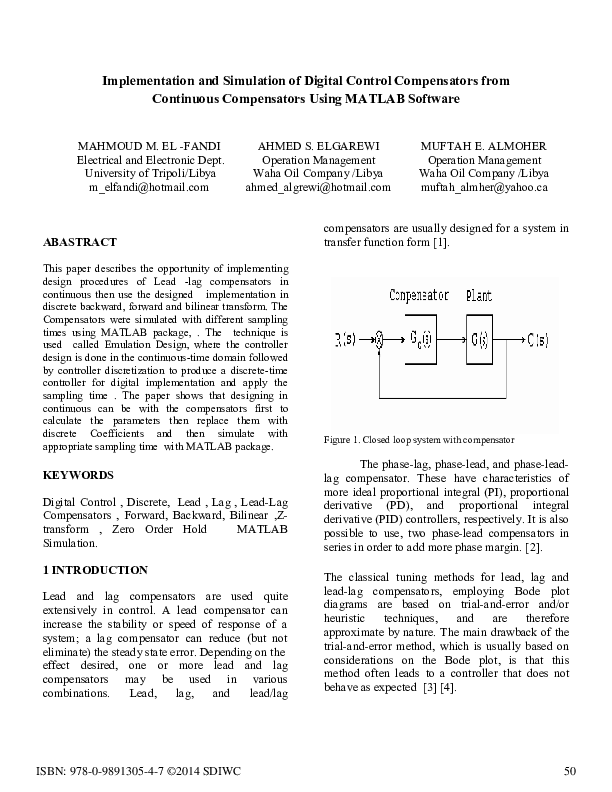 Pdf Implementation And Simulation Of Digital Control Compensators From Continuous Compensators