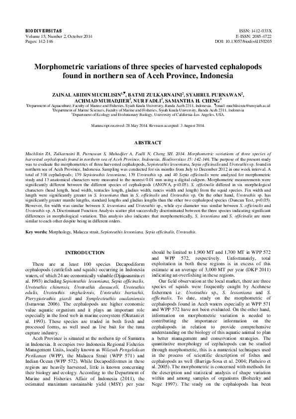 (PDF) Morphometric variations of three species of harvested cephalopods