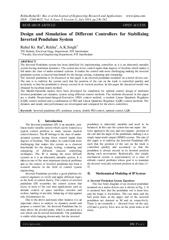 (PDF) Design and Simulation of Different Controllers for Stabilizing ...