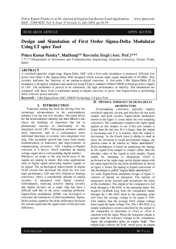 (PDF) Prince Design and Simulation of First Order Sigma-Delta Modulator ...