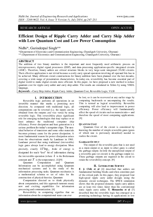 Pdf Efficient Design Of Ripple Carry Adder And Carry Skip Adder With Low Quantum Cost And Low