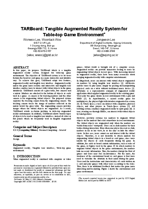 Pdf Tarboard Tangible Augmented Reality System For Tabletop Game Environment