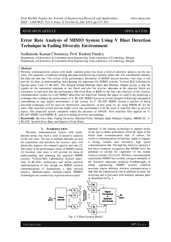 Pdf Error Rate Analysis Of Mimo System Using V Blast Detection Technique In Fading Diversity