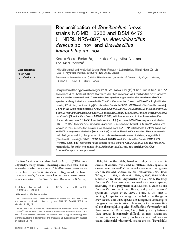 (PDF) Reclassification of Brevibacillus brevis strains NCIMB 13288 and ...