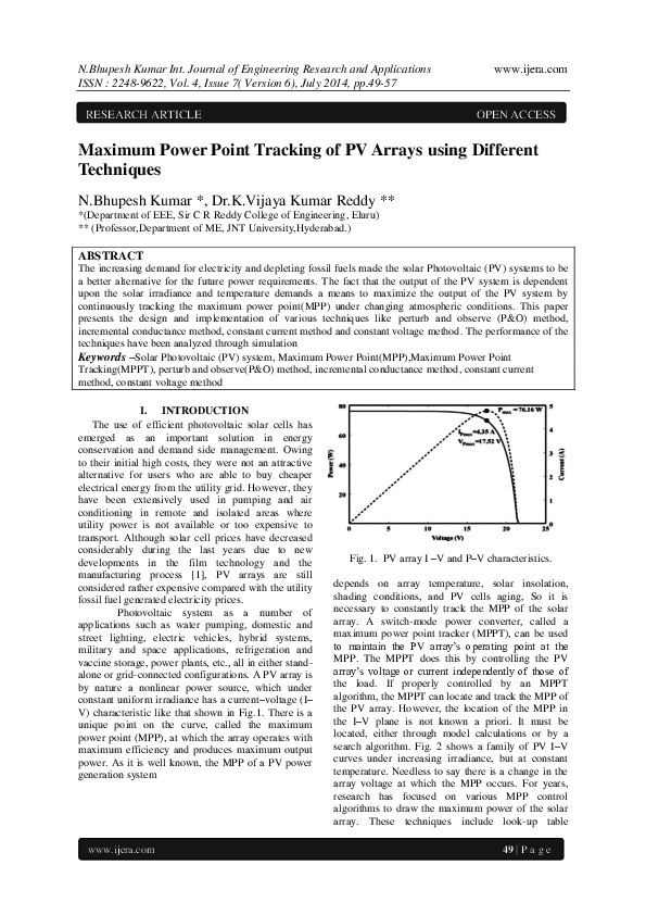 Pdf Maximum Power Point Tracking Of Pv Arrays Using Different Techniques