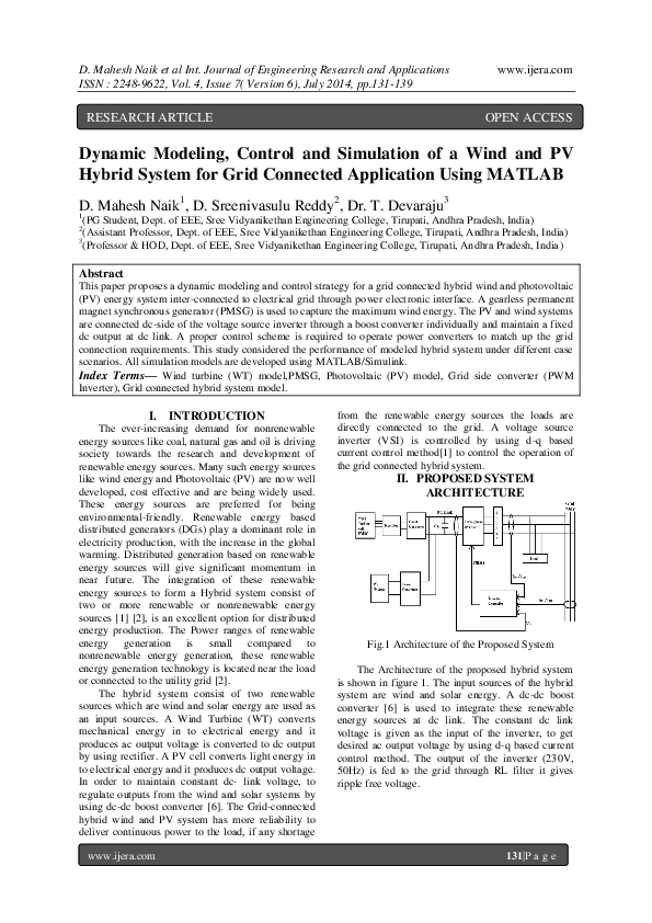 Pdf Dynamic Modeling Control And Simulation Of A Wind And Pv Hybrid