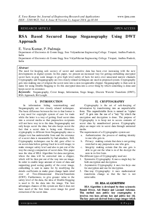 Pdf Rsa Based Secured Image Steganography Using Dwt Approach Ijera Journal