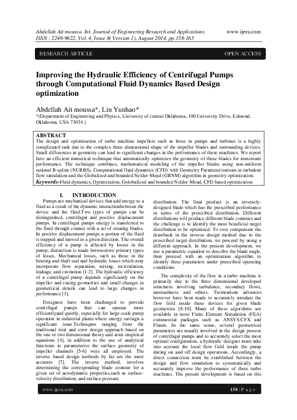 Pdf Improving The Hydraulic Efficiency Of Centrifugal Pumps Through Computational Fluid