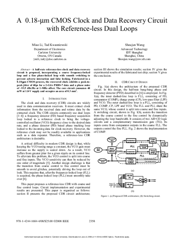 Pdf A 0 18 µm Cmos Clock And Data Recovery Circuit With Reference Less Dual Loops Shoujun