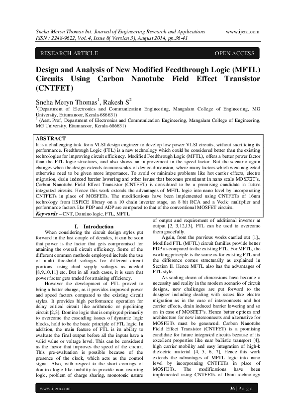 Pdf Design And Analysis Of New Modified Feedthrough Logic Mftl Circuits Using Carbon