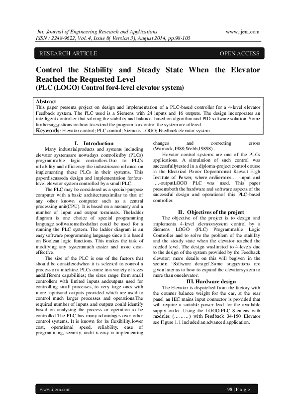 (PDF) Design & Control of an Elevator Control System using PLC | حسن ...