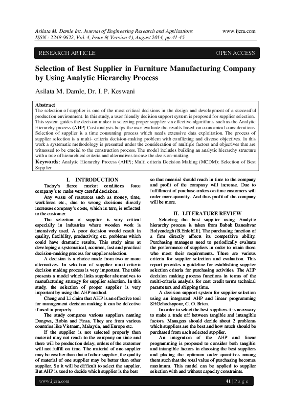 (PDF) Selection of Best Supplier in Furniture Manufacturing Company by Using Analytic Hierarchy ...