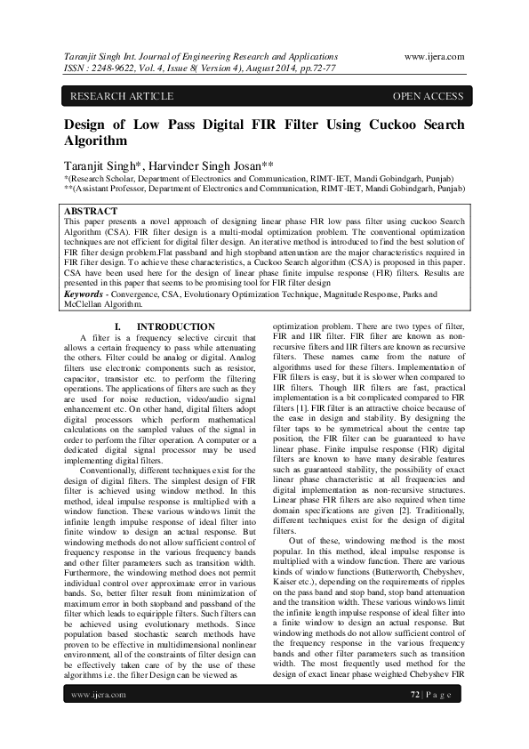 Pdf Design Of Low Pass Digital Fir Filter Using Cuckoo Search Algorithm